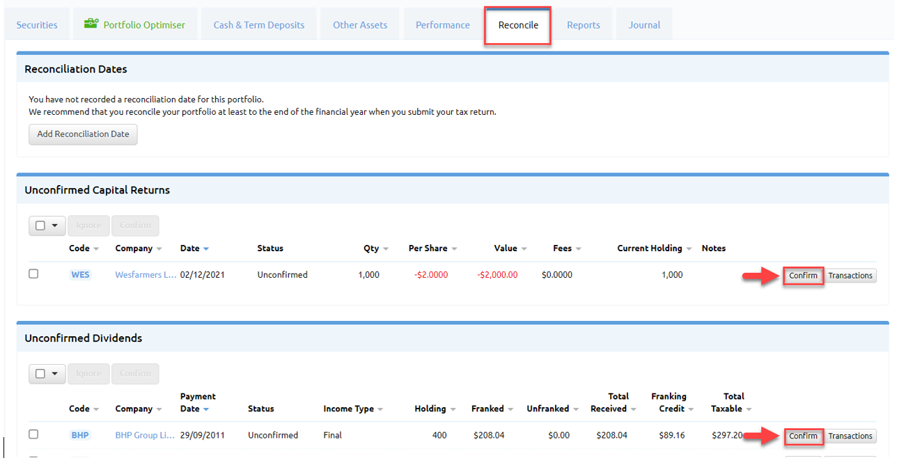 Dividend confirmation and Reconciliation – Stock Doctor Help